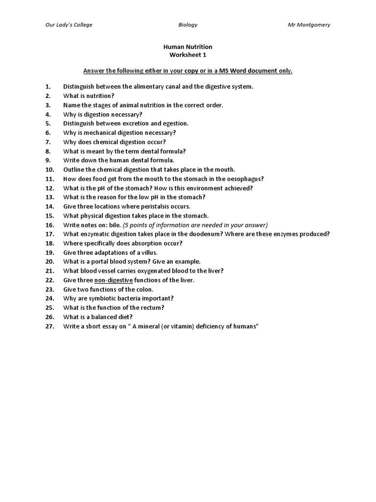 Human Nutrition Worksheet 1 PDF