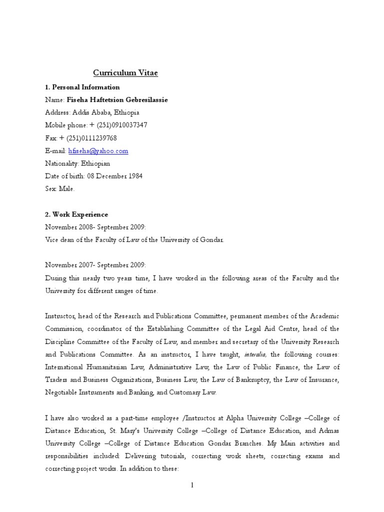 Curriculum Vitae of Fiseha Haftetsion | PDF | Ethiopia | University