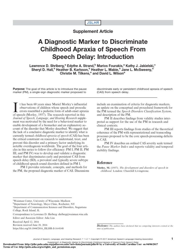 2017 Shriberg - A Diagnostic Marker To Discriminate Intro | PDF ...