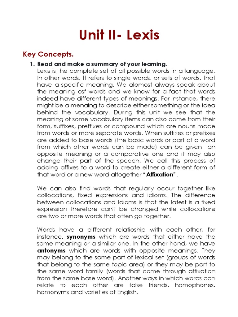 Unit II-Lexis: Key Concepts | PDF | Word | Idiom
