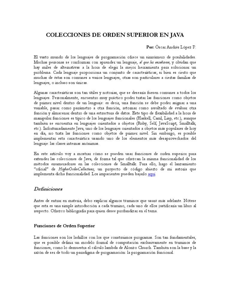 Colecciones de Orden Superior en Java | PDF | Lenguaje de programación | Programacion Funcional
