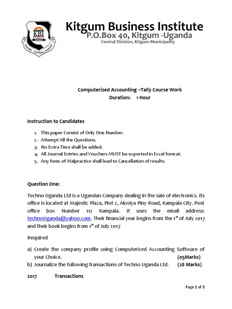 Computerized Accounting Exam Paper | PDF | Uganda | Cheque