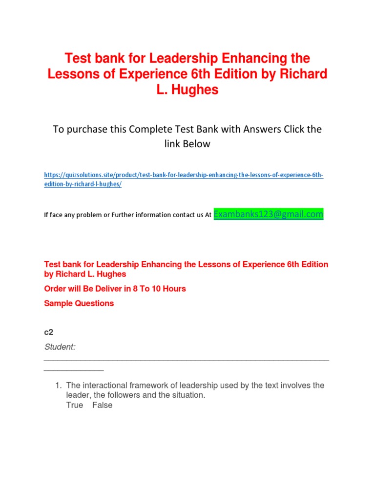 Test Bank For Leadership Enhancing The Lessons of Experience 6th ...