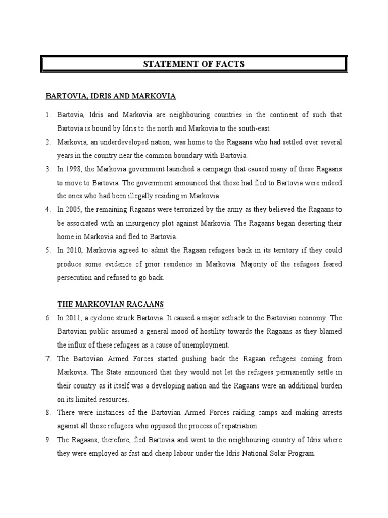 Statement of Facts: Bartovia, Idris and Markovia | PDF | Refugee ...