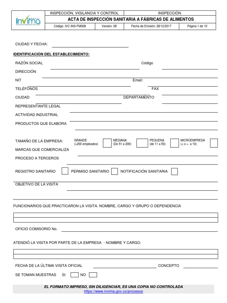 Acta Invima Ivc-Ins-Fm008 | PDF | Agua | Alimentos