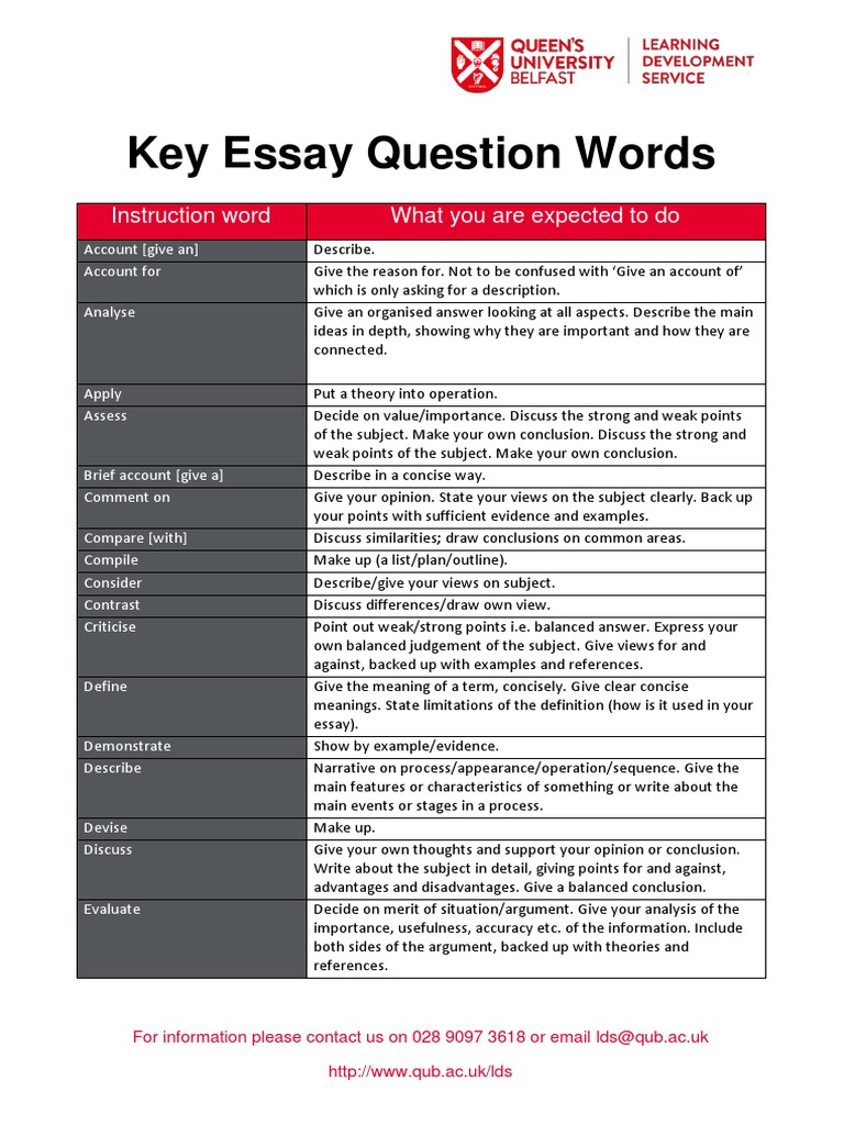 Key Essay Question Words: Instruction Word What You Are Expected To Do ...