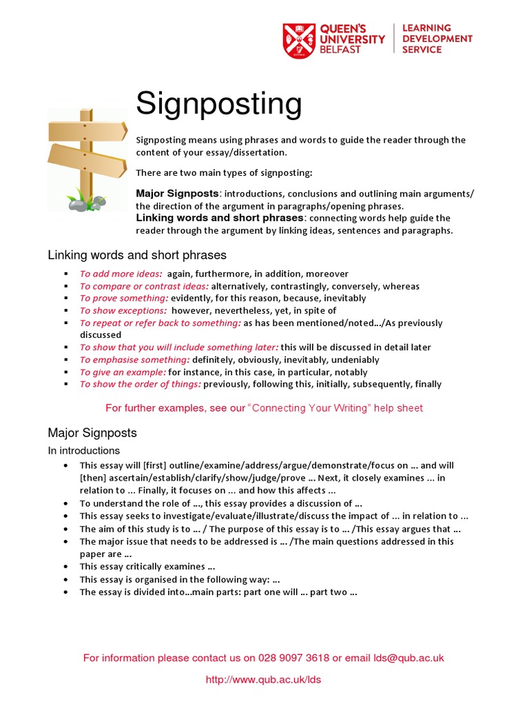 Signposting: Linking Words and Short Phrases | PDF | Essays | Argument