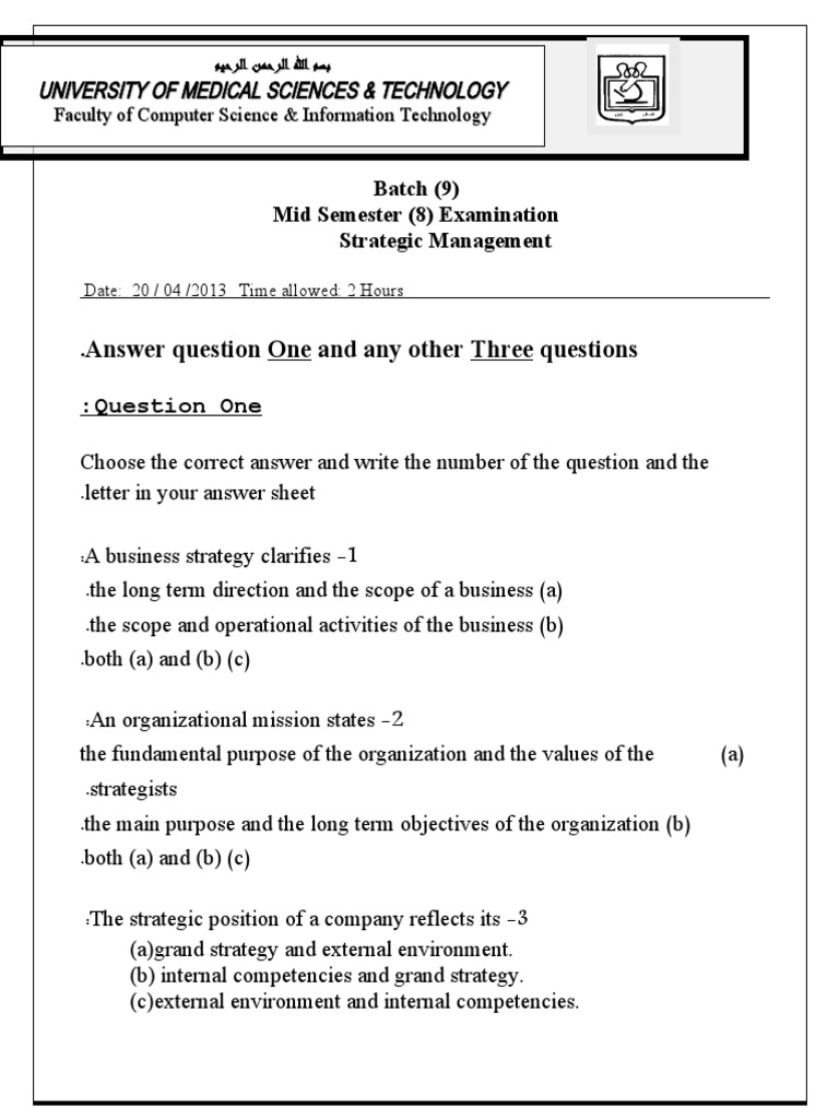 Answer Question One and Any Other Three Questions: Batch (9) Mid ...