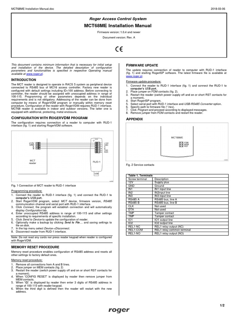 MCT68ME Installation Manual: Roger Access Control System | PDF | Input/Output | Power Supply