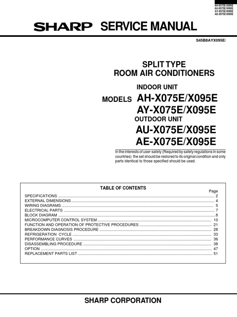 SHARP - SPLIT TYPE - AIR - CONDITION - Ah-Ay-Au-Ae-X075e-X095e - SM ...