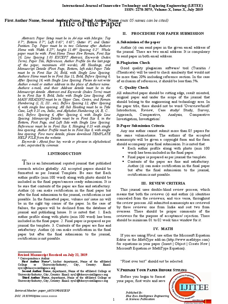 Title of The Paper: First Author Name, Second Author Name, Third Author Name (Max 05 Names Can ...