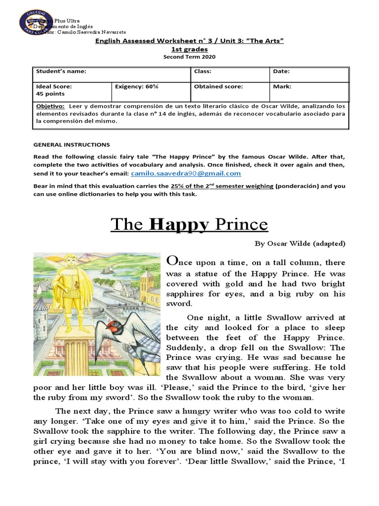 The Happy Prince: English Assessed Worksheet N° 3 / Unit 3: "The Arts ...