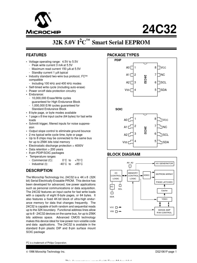 32K 5.0V I C Smart Serial EEPROM: Features Package Types | PDF | Bit | Cpu Cache
