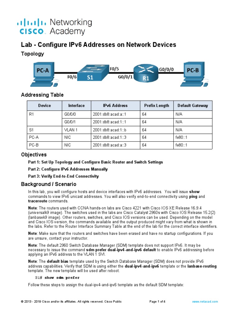 Lab 10.2 - Configure IPv6 Addresses On Network Devices | PDF | I Pv6 ...