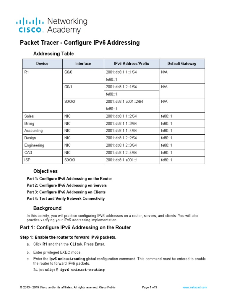 Lab 10 3 Configure Ipv6 Addressing Pdf I Pv6 Internet Protocols