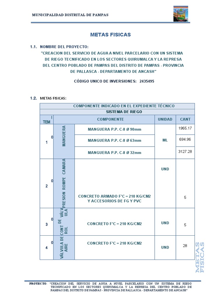 2.2 Metas Fisicas | PDF | Agua y política | Administracion del Agua