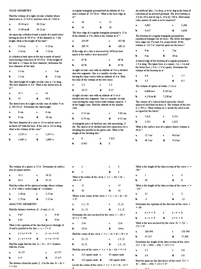 SOLID GEOMETRY and ANAL GEOM | PDF | Volume | Ellipse