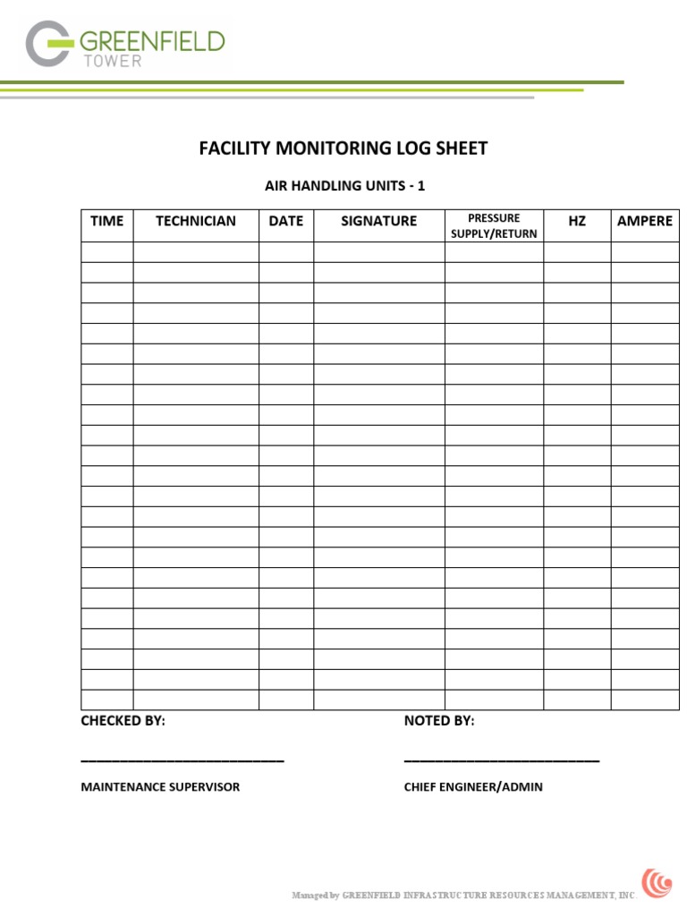 Facility Monitoring Log Sheet: Air Handling Units - 1 Time Technician ...