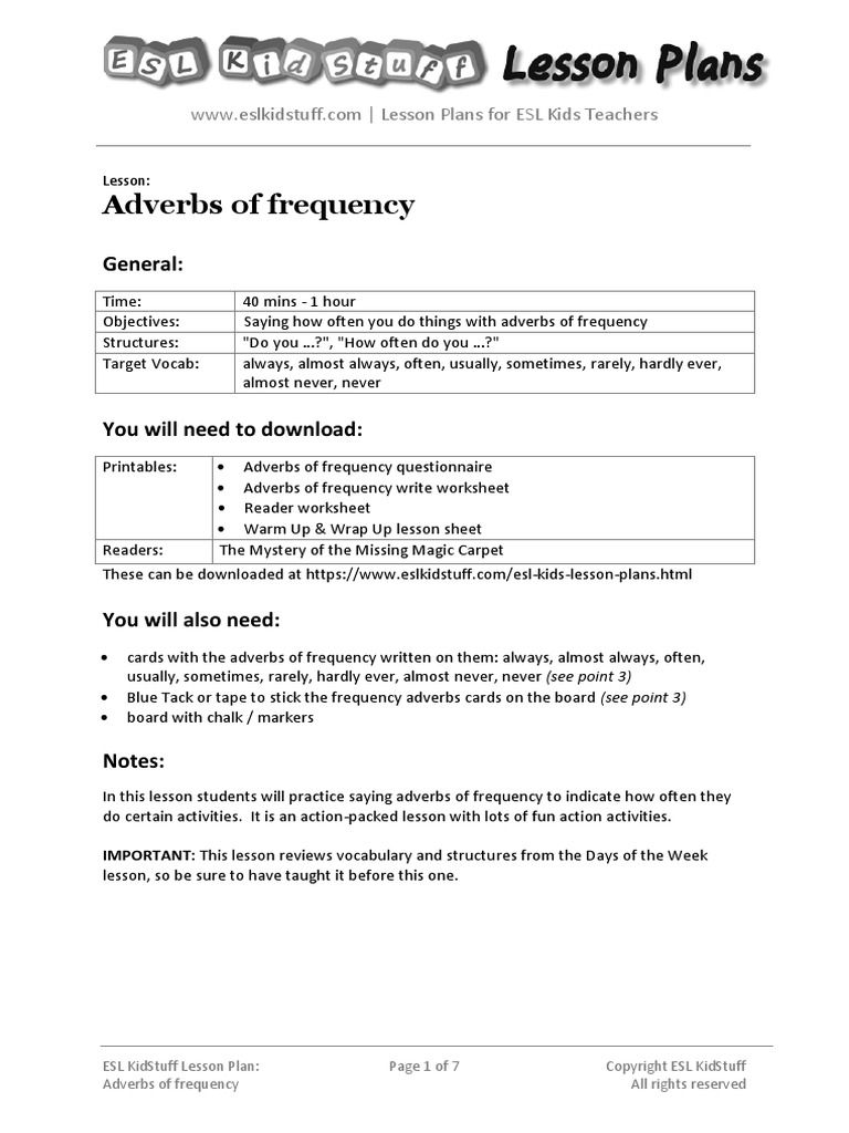 Adverbs Frequency Lesson Plan PDF | PDF | Worksheet | Lesson Plan