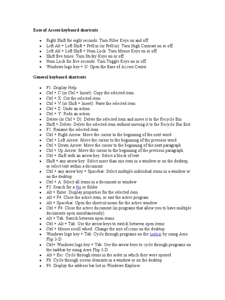 Ease of Access Keyboard Shortcuts | PDF | Computer Keyboard | Keyboard Shortcut