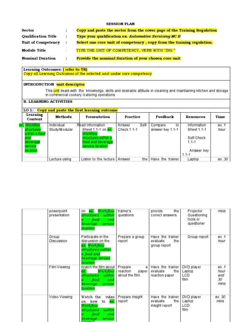 Template - Session Plan | PDF | Tableware | Foods