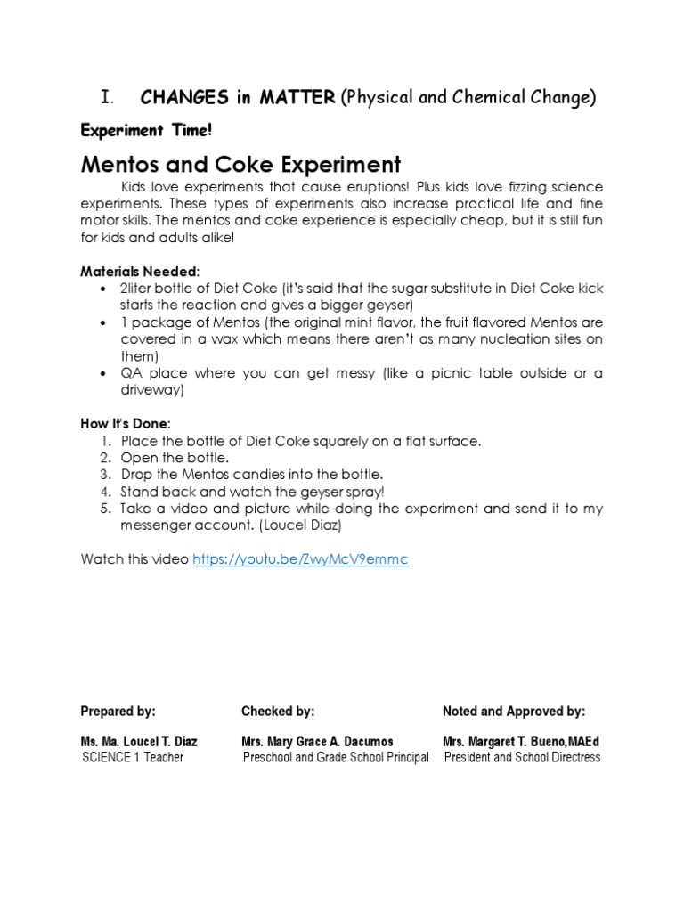 Mentos and Coke Experiment: I. CHANGES in MATTER (Physical and Chemical ...