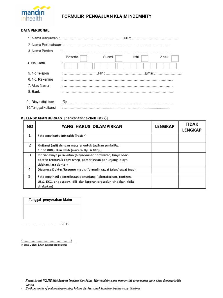 FORM PENGAJUAN KLAIM Inhealth (2019) | PDF