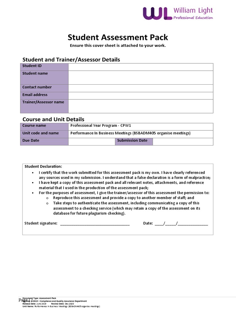 BSBADM405 - WLI Student Assessment Pack Template | PDF | Business