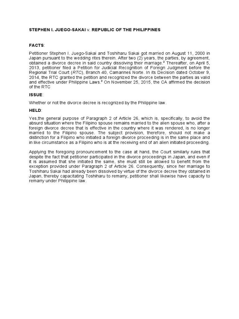 Stephen I. Juego-Sakai V. Republic of The Philippines | PDF | Divorce ...