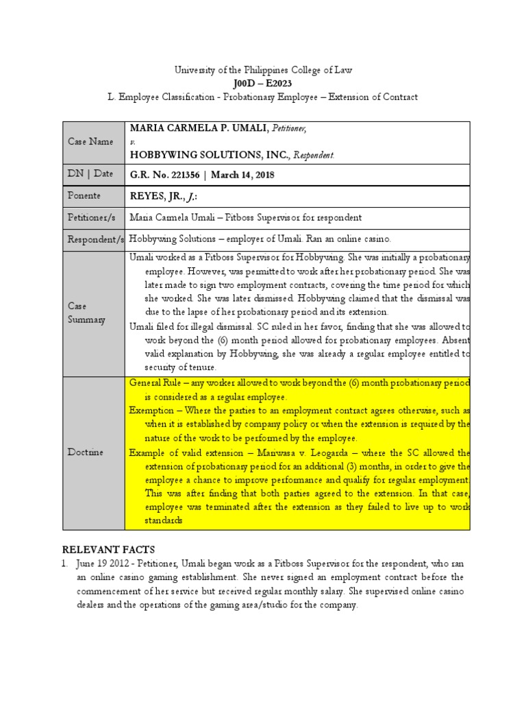 (Probationary Employee - Extension of Contract) Ma. Carmela Umali v ...