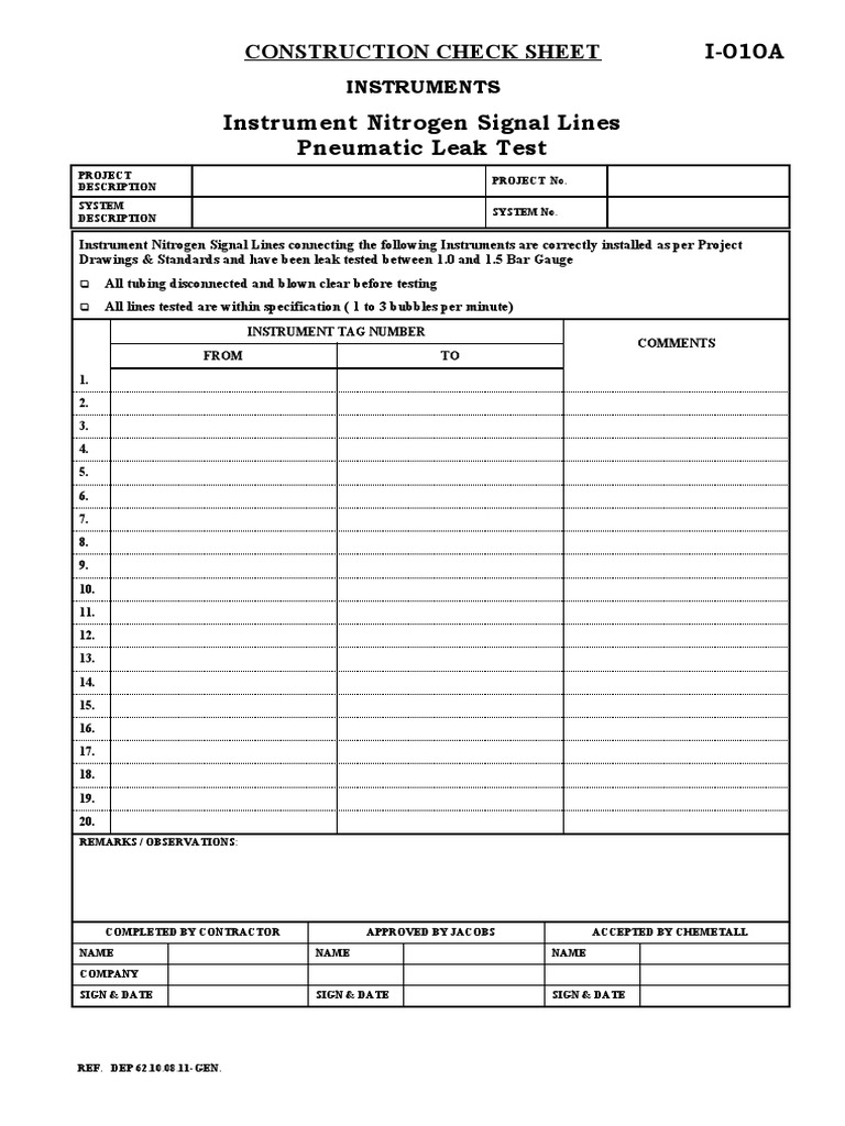 Nitrogen Signal Lines Leak Test Checklist | PDF