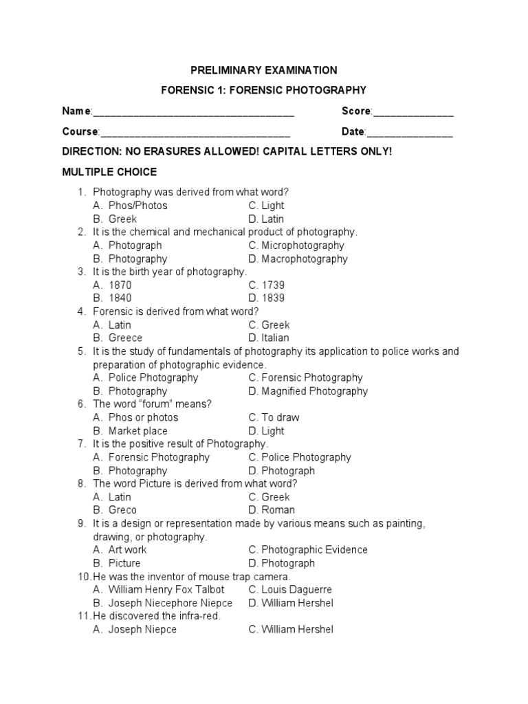 Forensic 1 Prelim Exam | PDF | Camera | Photograph