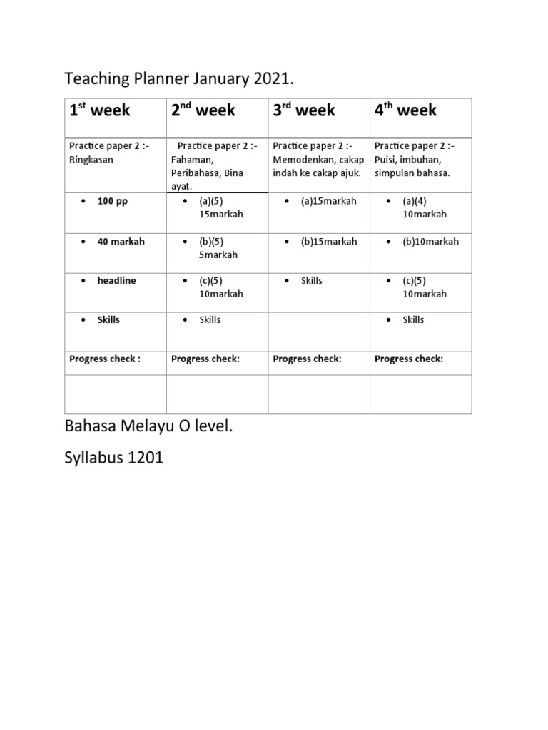 January 2021 Teaching Planner O Level | PDF