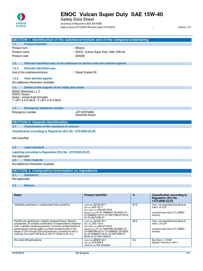 ENOC Vulcan Super Duty SAE 15W-40: Safety Data Sheet | Download Free ...