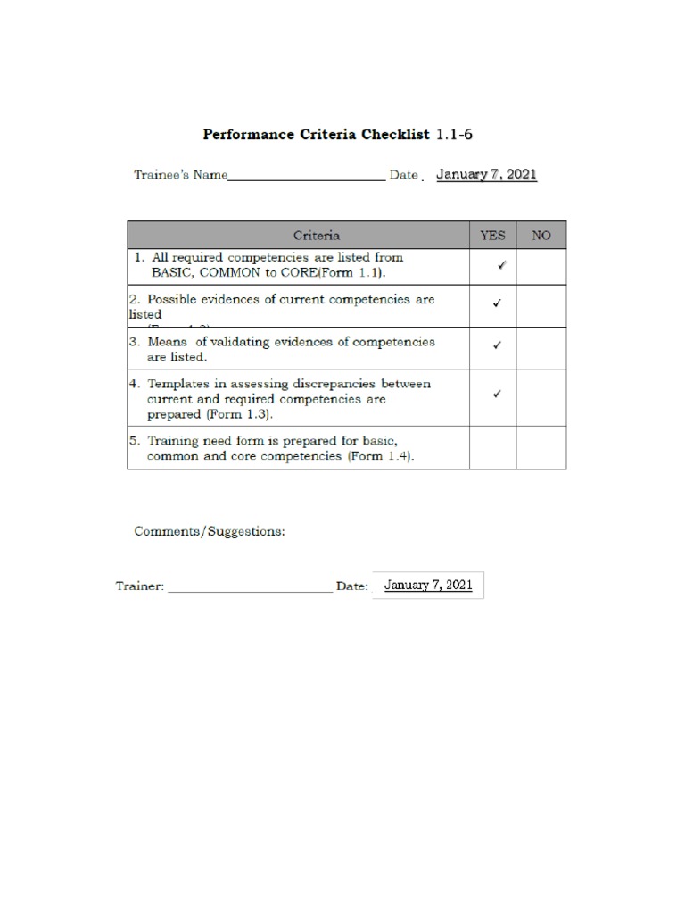 Performance Criteria Checklist 1.1-6 | PDF