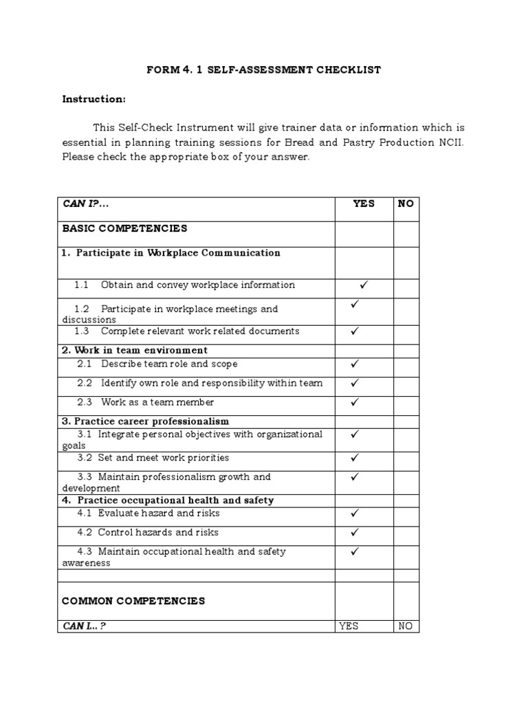 Form 4. 1 Self-Assessment Checklist | PDF | Cakes | Occupational Safety ...