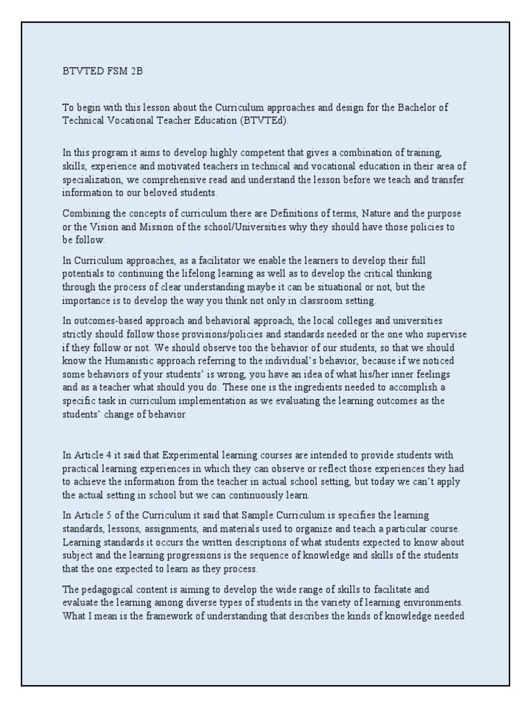 BTVTED FSM 2B Curriculum Approaches | PDF | Curriculum | Teacher Education