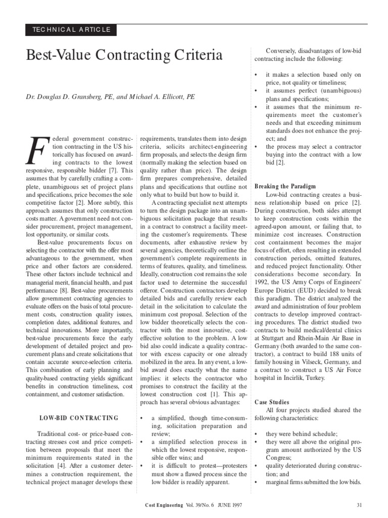 Best-Value Contracting Criteria: Dr. Douglas D. Gransberg, PE, and Michael A. Ellicott, PE | PDF ...