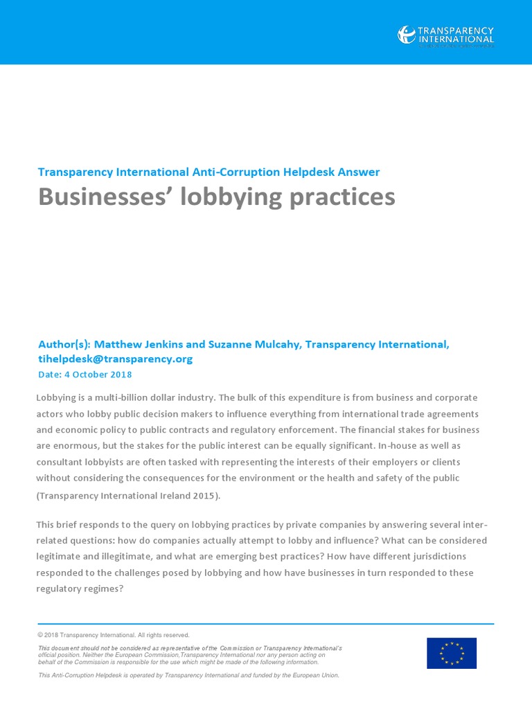 Businesses' Lobbying Practices: Transparency International Anti-Corruption Helpdesk Answer | PDF ...