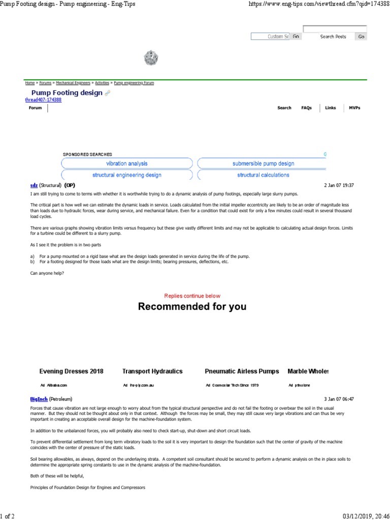 Pump Footing Design - Pump Engineering - Eng-Tips | PDF | Pump | Gas Technologies