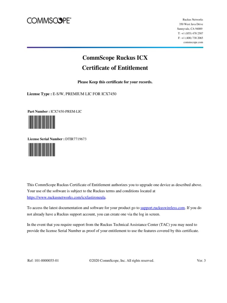 Commscope Ruckus Icx Certificate of Entitlement | PDF