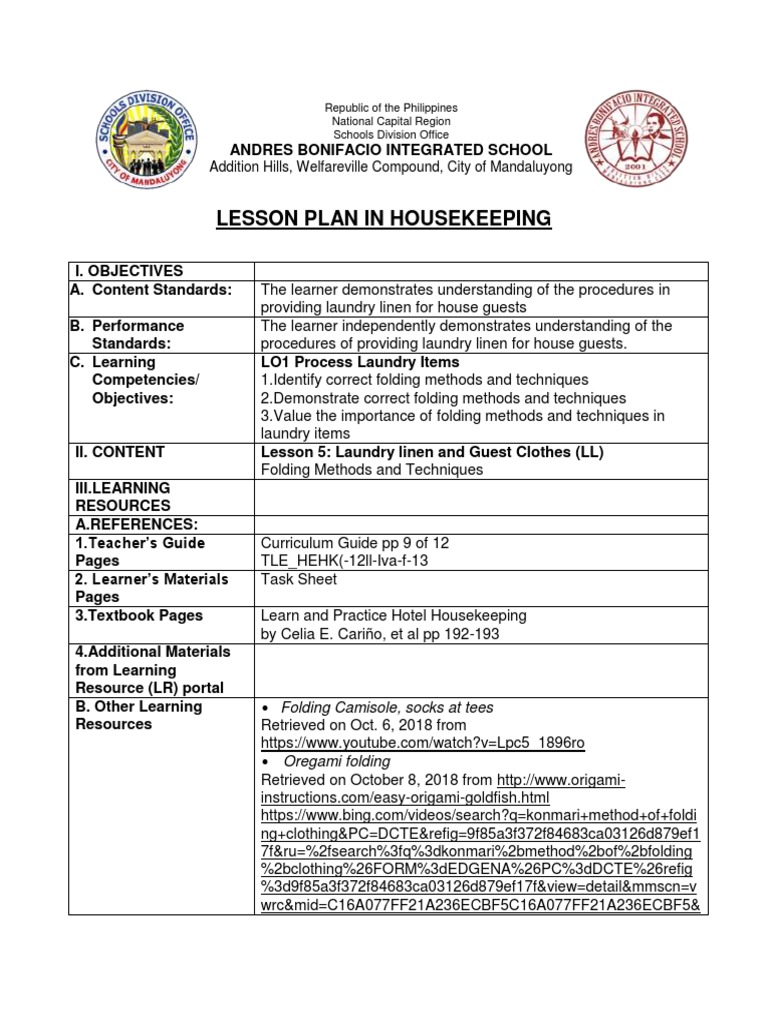 Lesson Plan in Housekeeping: Addition Hills, Welfareville Compound ...