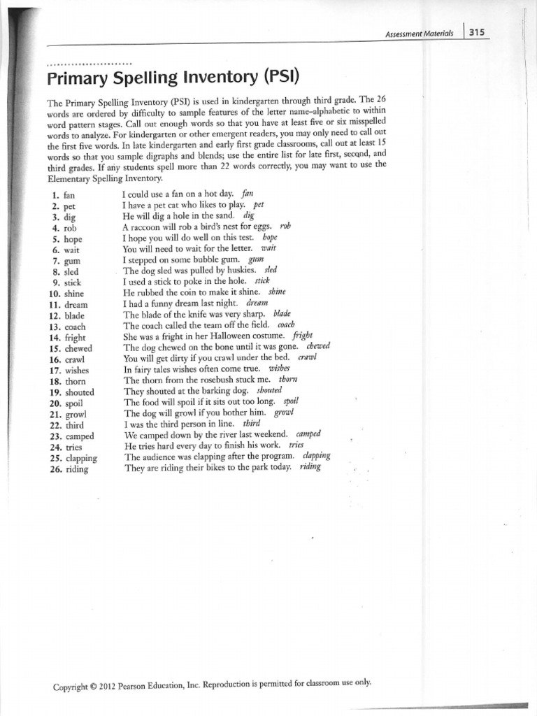 WTW Spelling Inventory | PDF