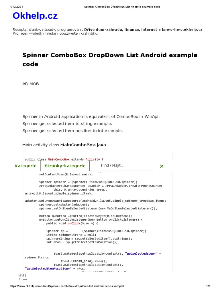 Spinner ComboBox DropDown List Android Example Code | PDF | Java ...