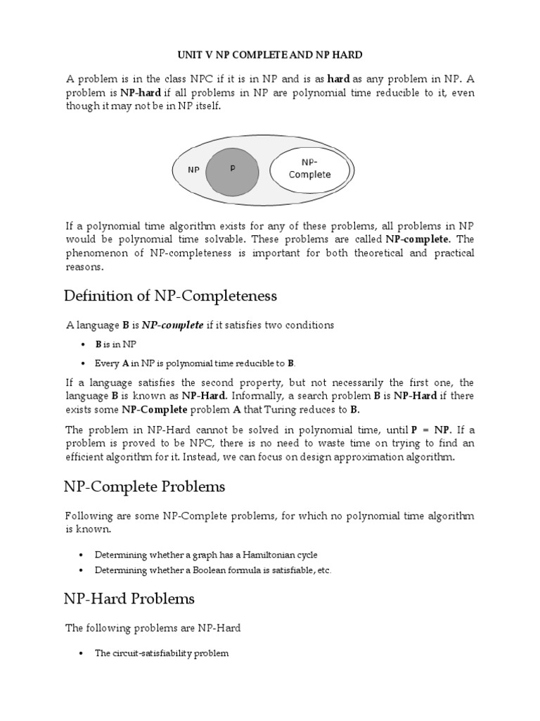 Definition of NP-Completeness: Unit V NP Complete and NP Hard ...