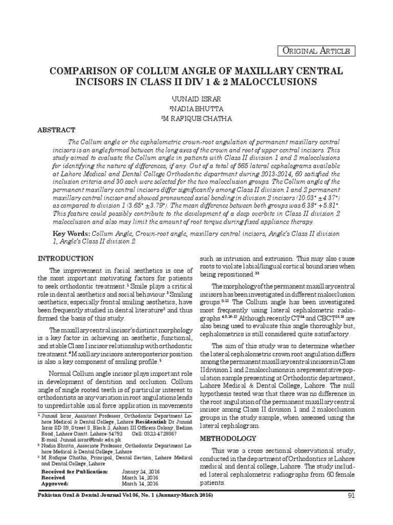 Comparison of Collum Angle of Maxillary Central Incisors in Class Ii ...