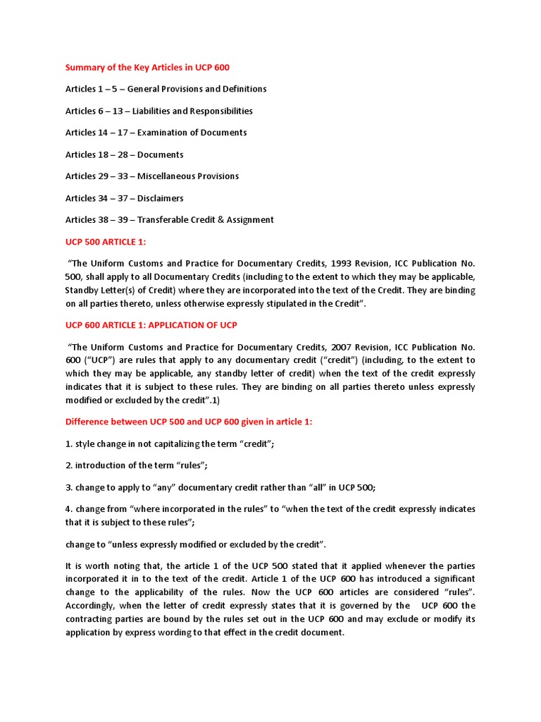 Summary of The Key Articles in UCP 600 | PDF | Letter Of Credit | Civil ...