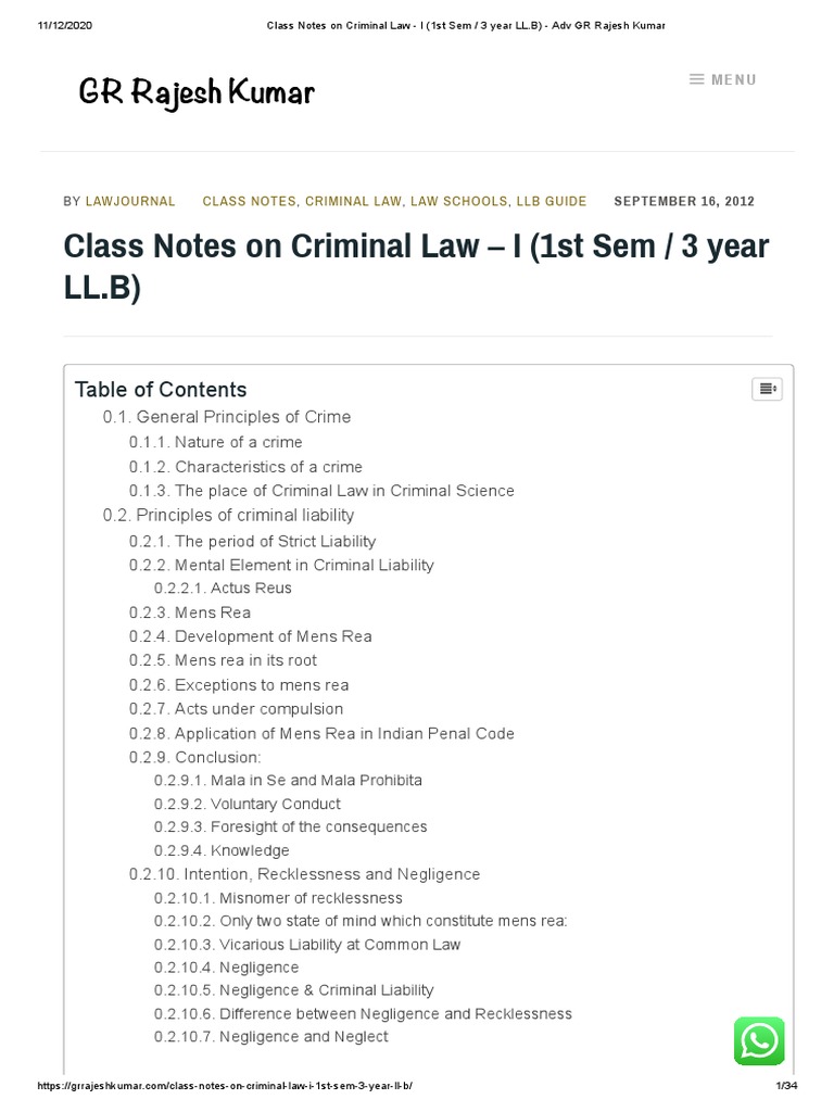 Class Notes On Criminal Law - I (1st Sem - 3 Year LL.B) - Adv GR Rajesh ...