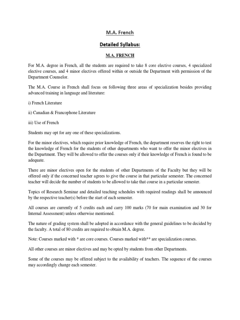 Detailed Syllabus:: M.A. French | PDF | Master Of Arts | Phonology