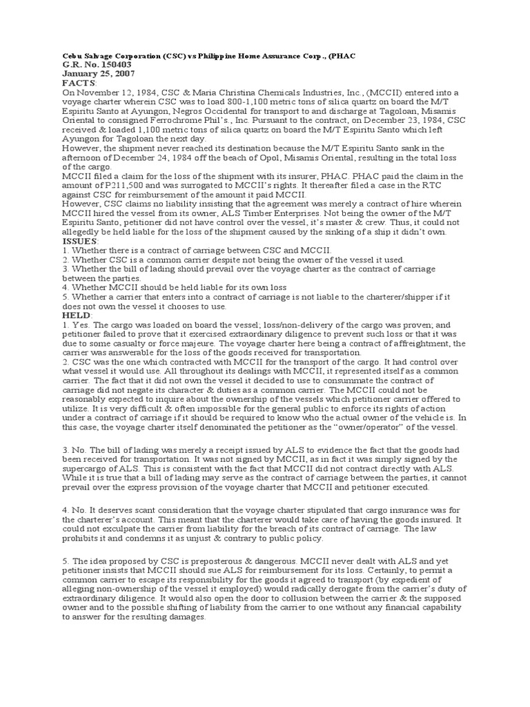Cebu Salvage Corp Vs Phil Home Assurance Corp CD | PDF | Bill Of Lading ...